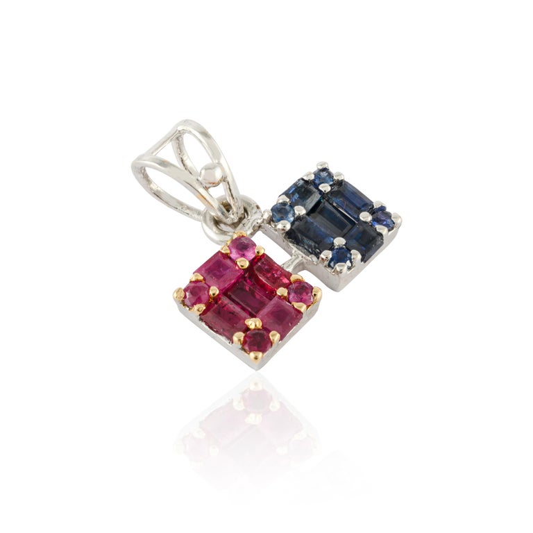 Cluster Ruby and Blue Sapphire Rectangle Pendant in 14k Solid White ...