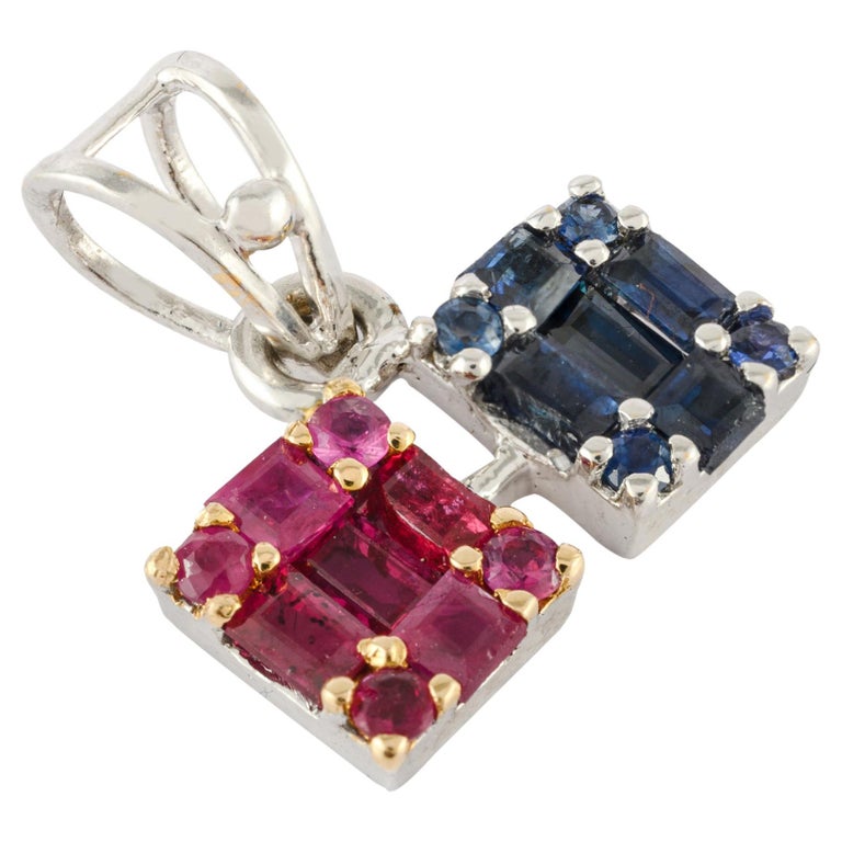 Cluster Ruby and Blue Sapphire Rectangle Pendant in 14k Solid White ...