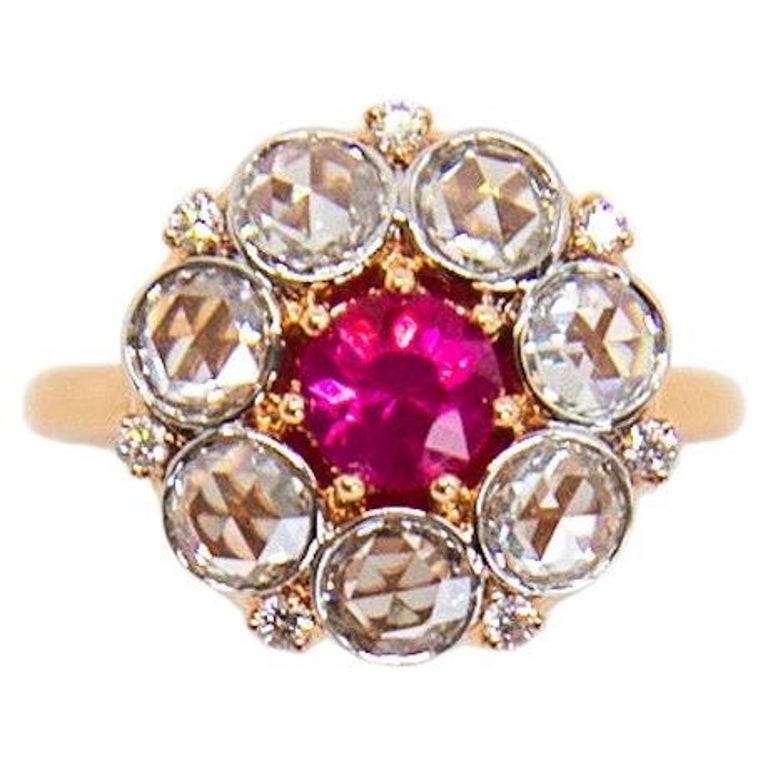 Cluster Ruby and Rose Cut Diamond Ring For Sale at 1stDibs