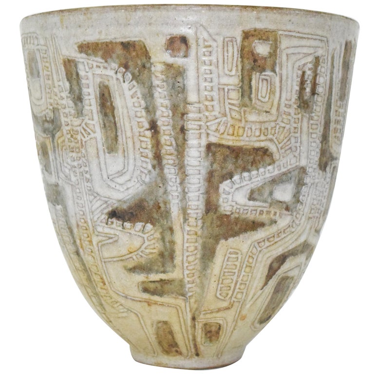 Clyde Burt Ceramic Vase or Vessel with Sgraffito at 1stDibs