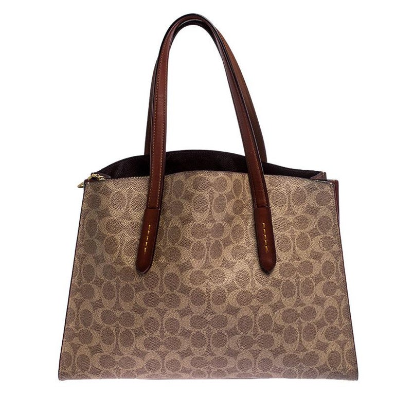 Coach Beige/Brown Coated Canvas and Leather Tote For Sale at 1stDibs
