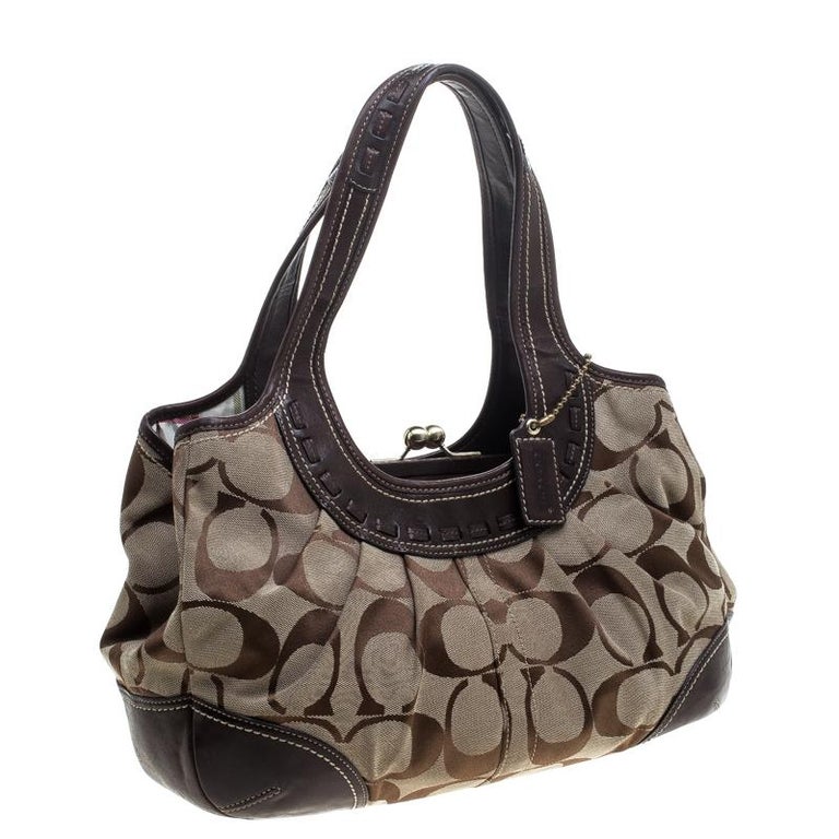 Coach Beige/Brown Signature Canvas and Leather Kiss Lock Shoulder Bag ...