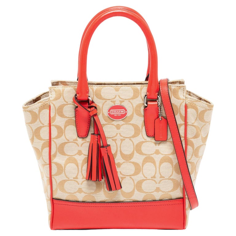 Coach Beige/Coral Pink Signature Canvas and Leather Tassel Tote For ...