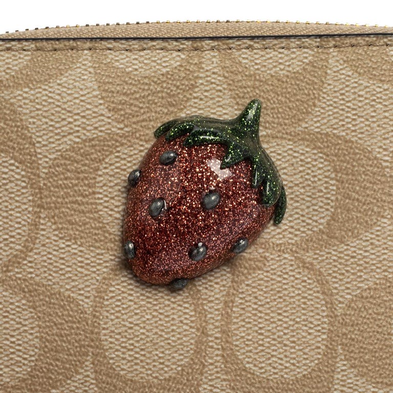 Coach Beige Signature Coated Canvas Strawberry Zip Around Wallet For ...