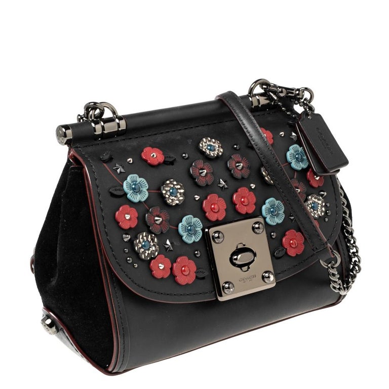 Coach Black Leather and Suede Willow Floral Applique Drifter Shoulder ...