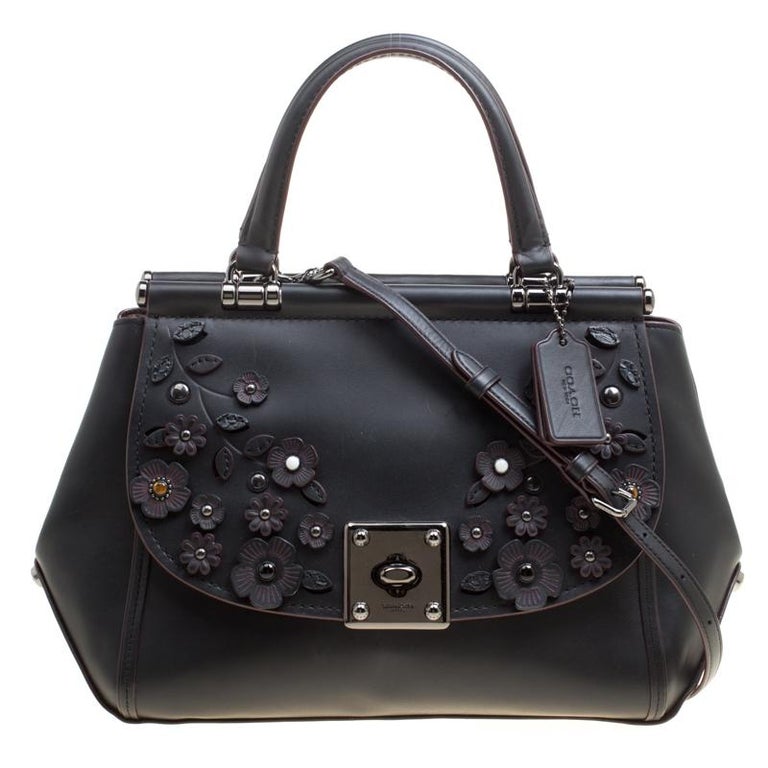 Coach Black Leather Willow Floral Applique Drifter Top Handle Bag For ...