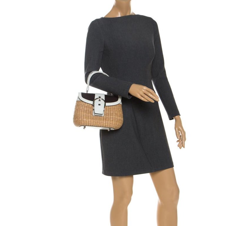 Coach Brown/White Woven Straw and Leather Satchel For Sale at 1stDibs ...