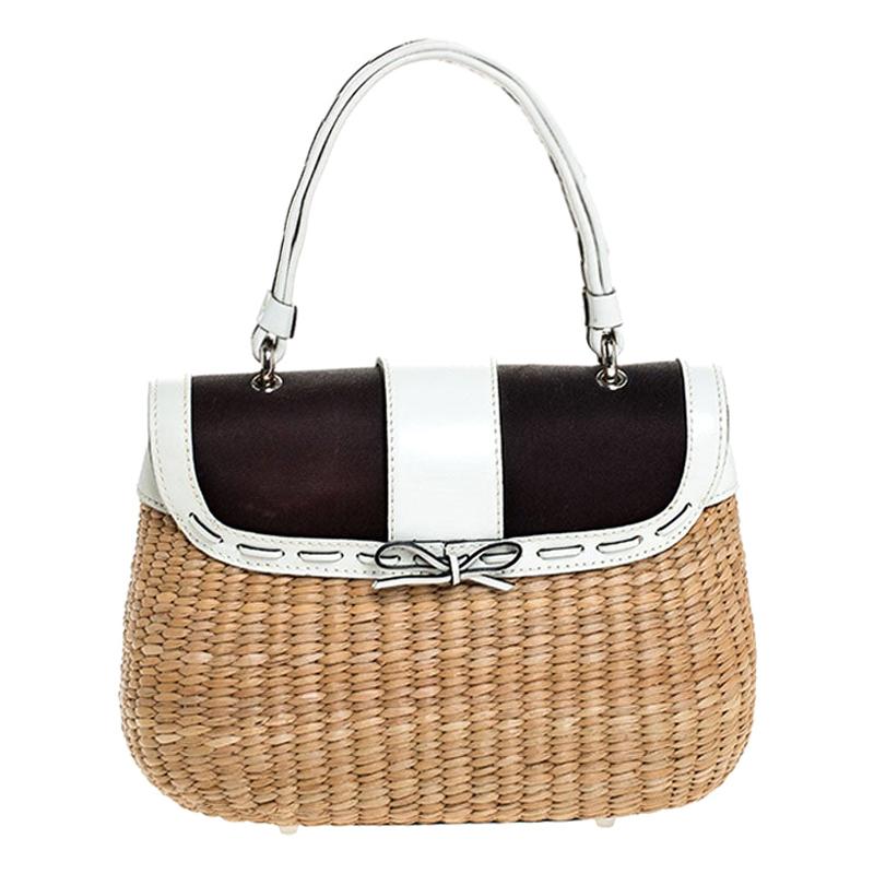 Coach Brown/White Woven Straw and Leather Satchel For Sale at 1stDibs ...