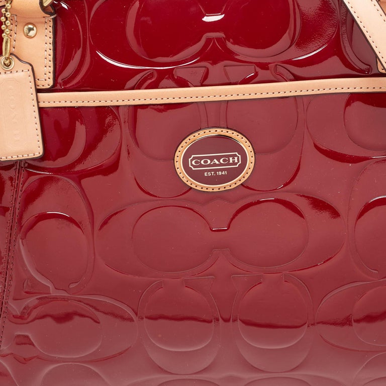 Coach Red/Beige Signature Embossed Patent Leather Peyton Tote For Sale ...