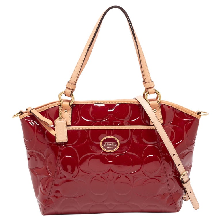 Coach Red/Beige Signature Embossed Patent Leather Peyton Tote For Sale ...