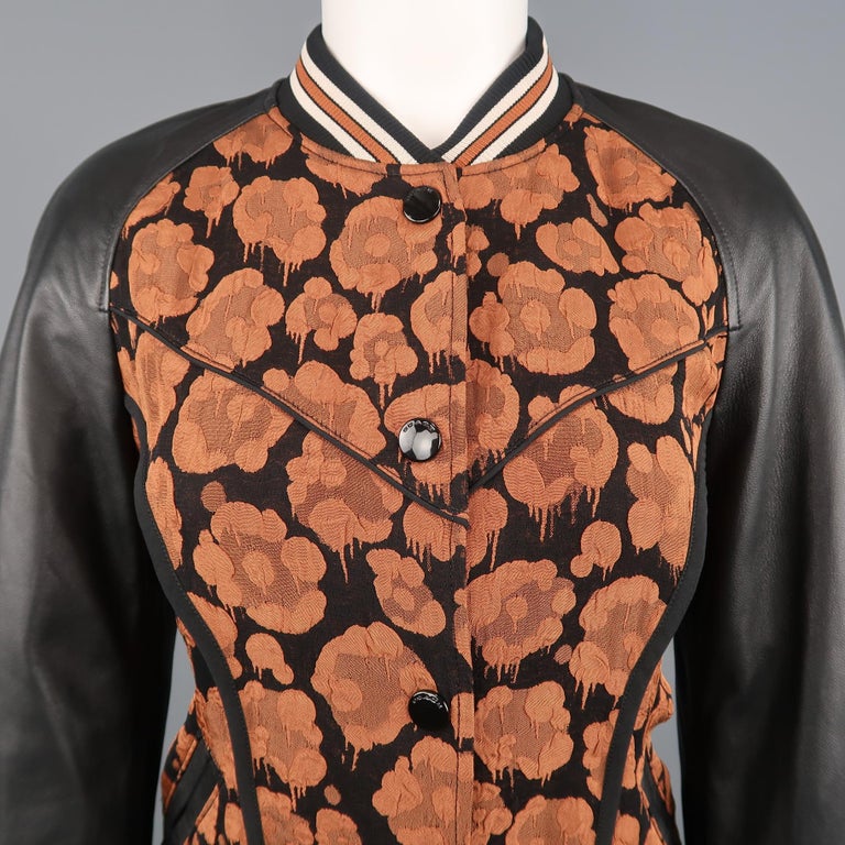 COACH Size 4 Brown and Black Jacquard Leather Sleeve Varsity Bomber ...