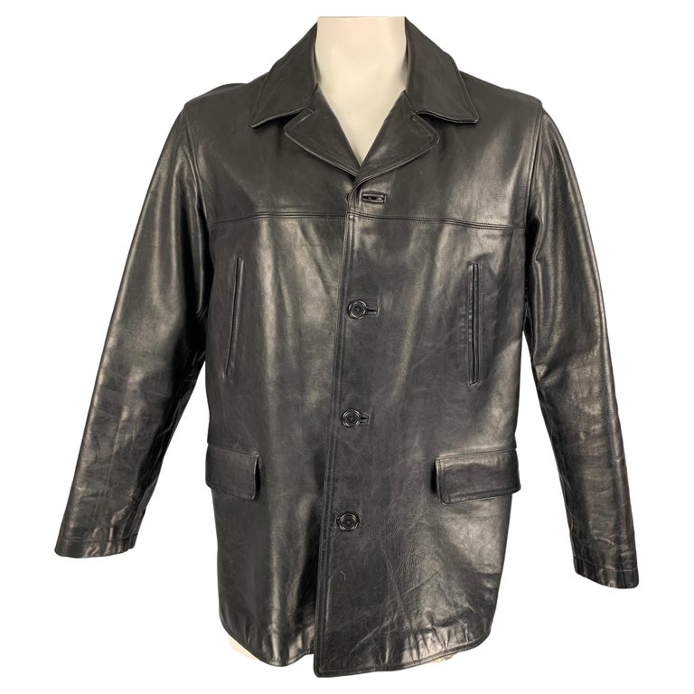 COACH Size L Black Leather Buttoned Coat For Sale at 1stDibs