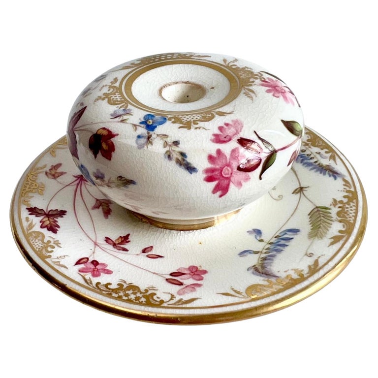 Coalport Inkwell, White with Flowers Style of William Pollard, Regency, ca 1820 For Sale at 1stDibs