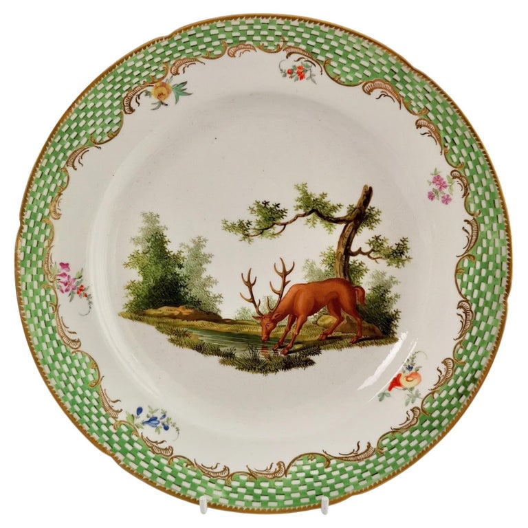 Coalport Porcelain Plate, Green Fables Pattern Drinking Stag, Georgian ...