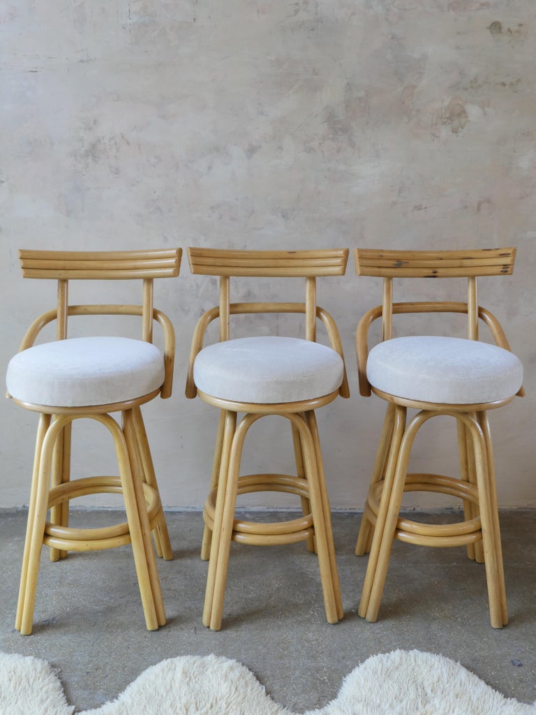 Coastal Bentwood Rattan Swivel Bar Stools With Pierre Frey Teddy Mohair ...