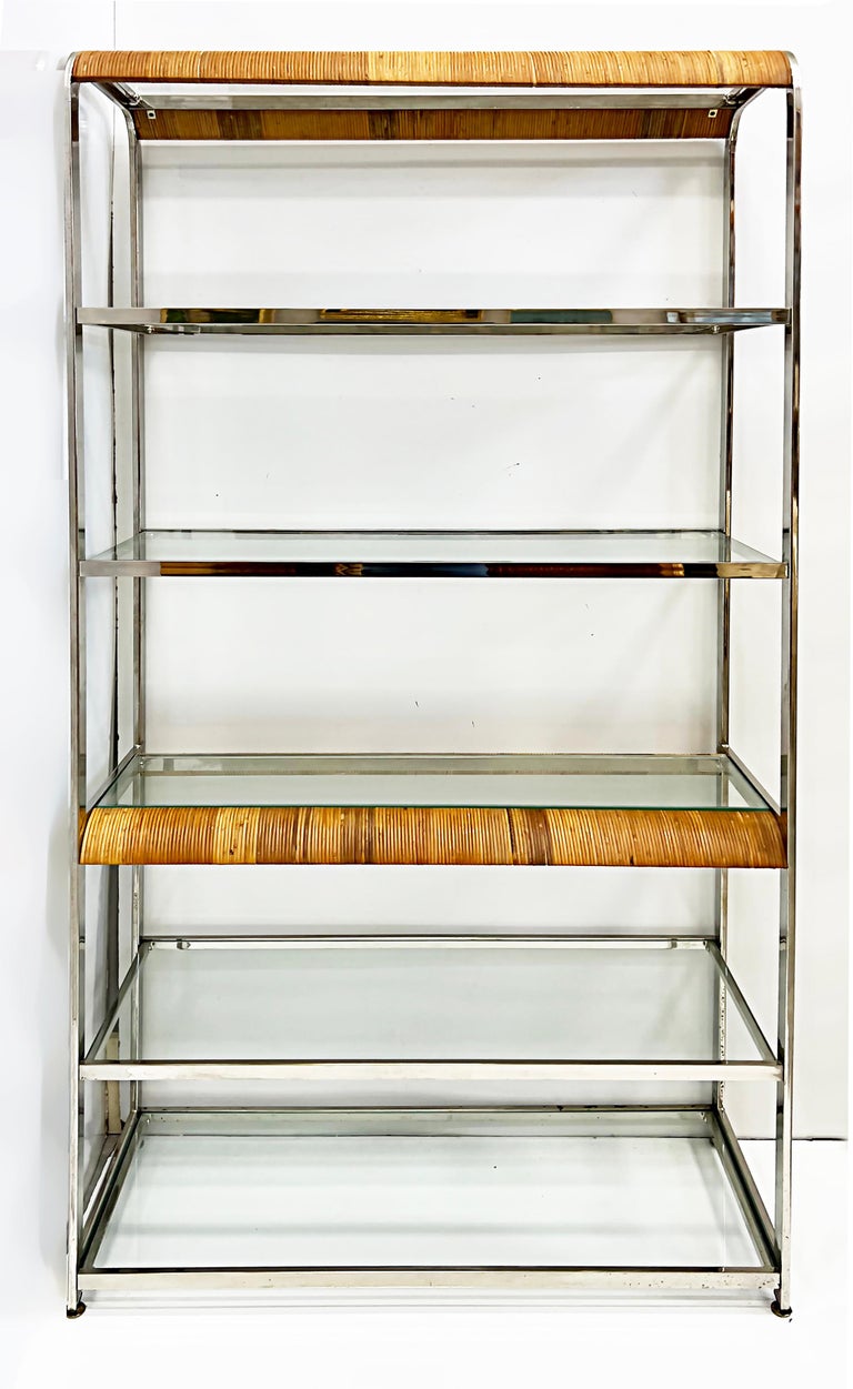 Coastal Chrome, Split Rattan Reed Etageres with Glass Shelves, Pair For ...