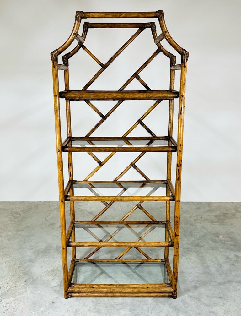 Coastal Rattan Bamboo Chippendale Glass Shelf Etagere For Sale at 1stDibs