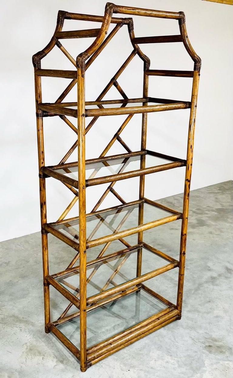 Coastal Rattan Bamboo Chippendale Glass Shelf Etagere For Sale at 1stDibs