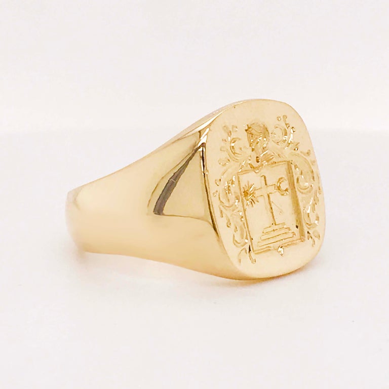 Cross Signet Man's Ring in 14K Yellow Gold, Religious Coat of Arms Ring ...