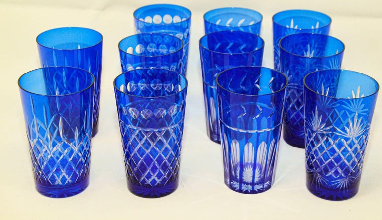 Cobalt Blue Cut to Clear Crystal Drinking Rock Glasses Tumblers Set of ...