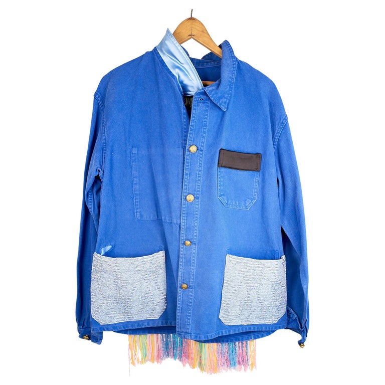 Cobalt Blue Jacket Back Multi Color Pattern Fringes Glitter Pockets ...