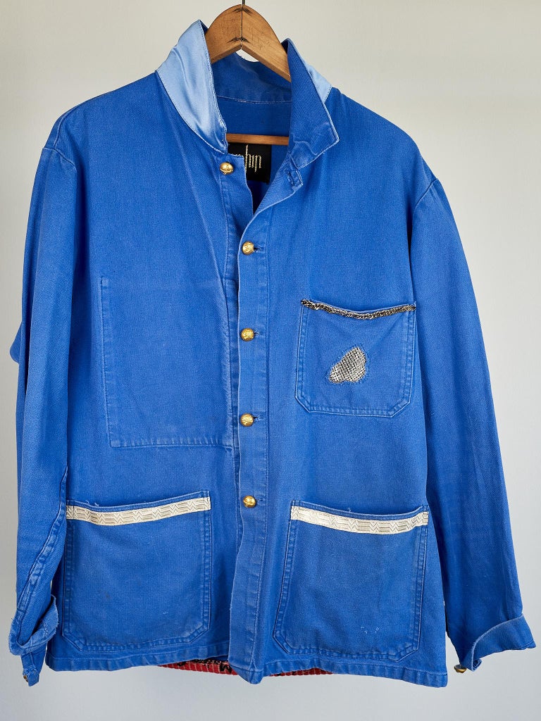 Cobalt Blue Jacket Cotton Tweed Pastel Red Back Brass Chain French Work ...