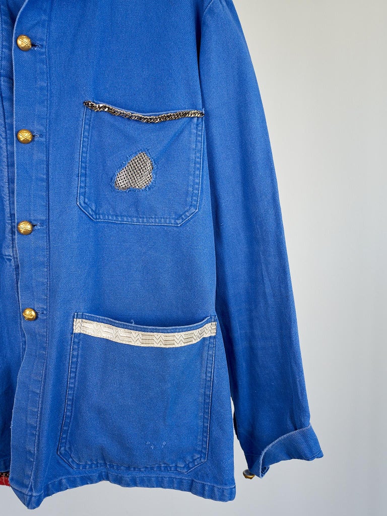 Cobalt Blue Jacket Cotton Tweed Pastel Red Back Brass Chain French Work ...