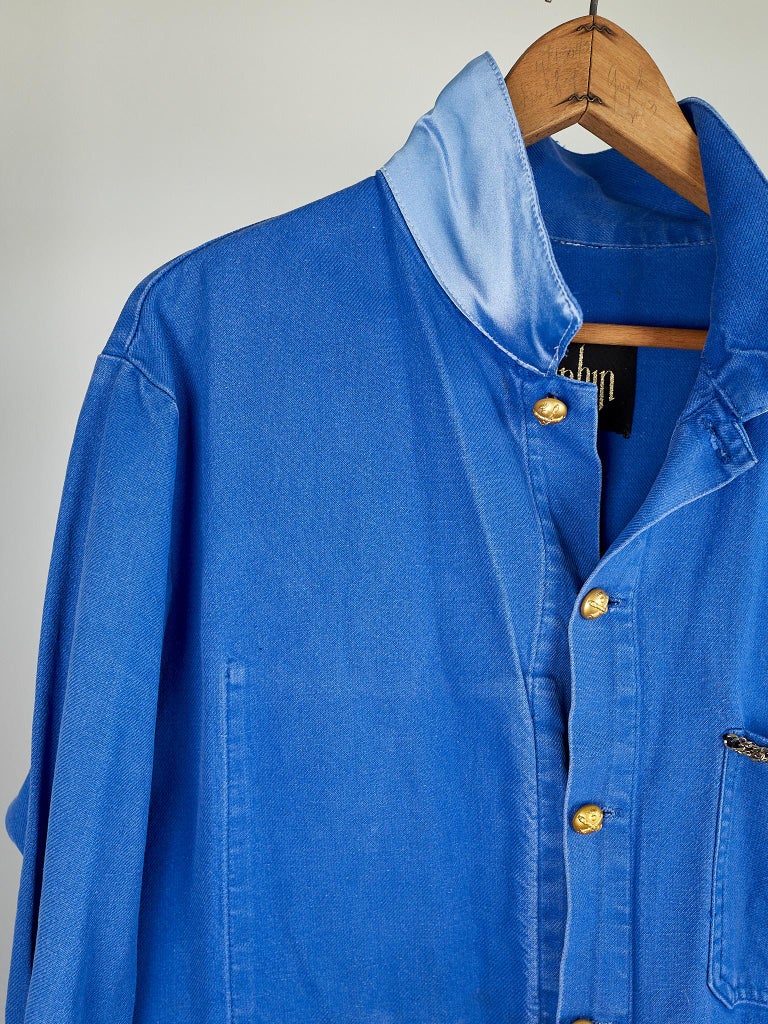 Cobalt Blue Jacket Cotton Tweed Pastel Red Back Brass Chain French Work ...