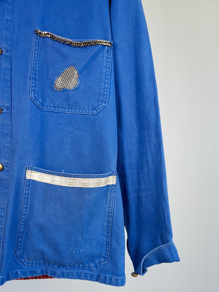 Cobalt Blue Jacket Cotton Tweed Pastel Red Back Brass Chain French Work ...