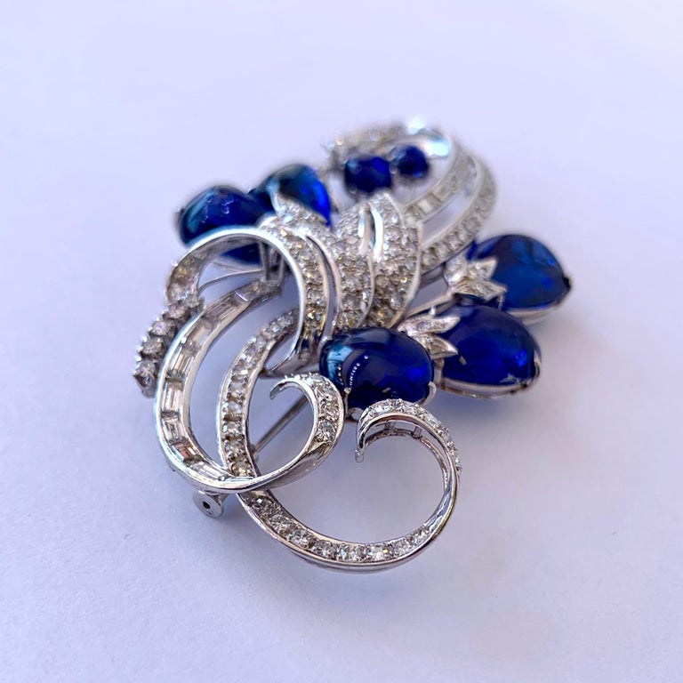 Vintage Vibrant Blue Sapphire and Diamond Platinum Brooch For Sale at ...