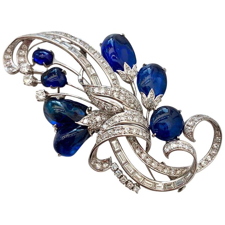 Vintage Vibrant Blue Sapphire and Diamond Platinum Brooch For Sale at ...