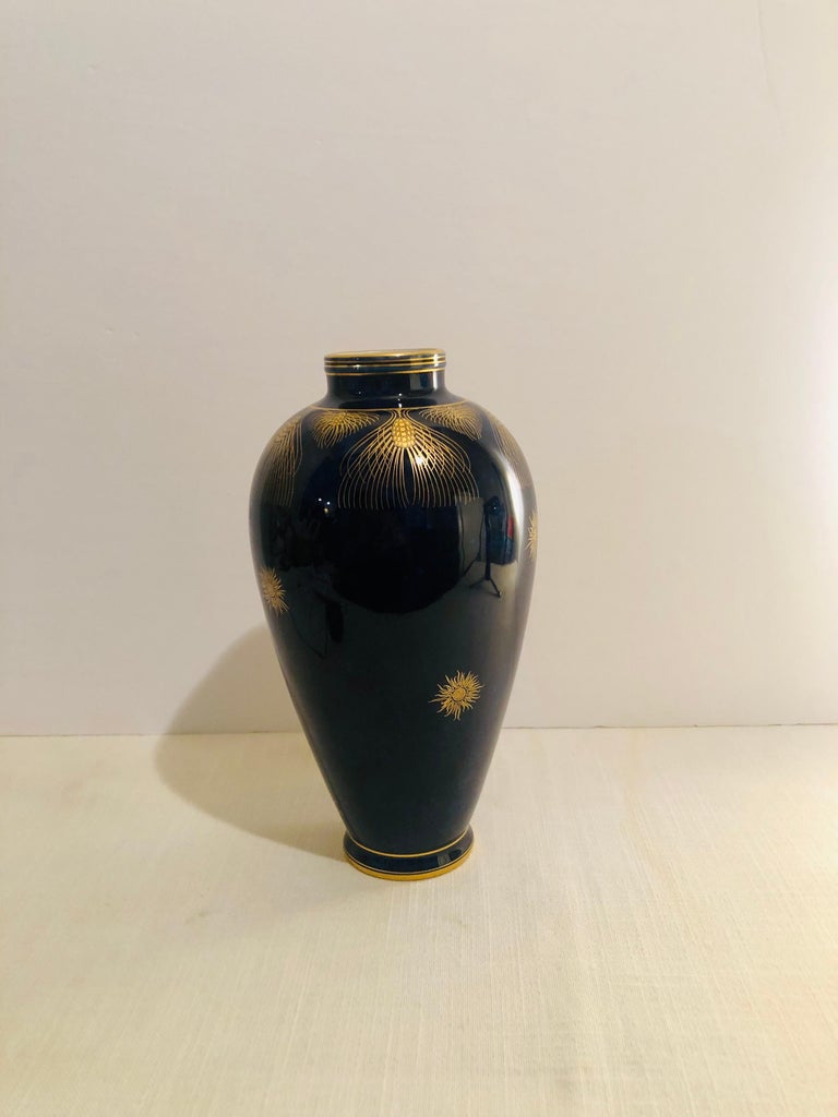 Cobalt Blue Sevres Vase Painted with Gold Accents Like Peacock Feathers ...