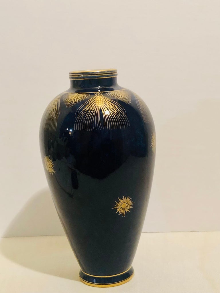 Cobalt Blue Sevres Vase Painted with Gold Accents Like Peacock Feathers ...