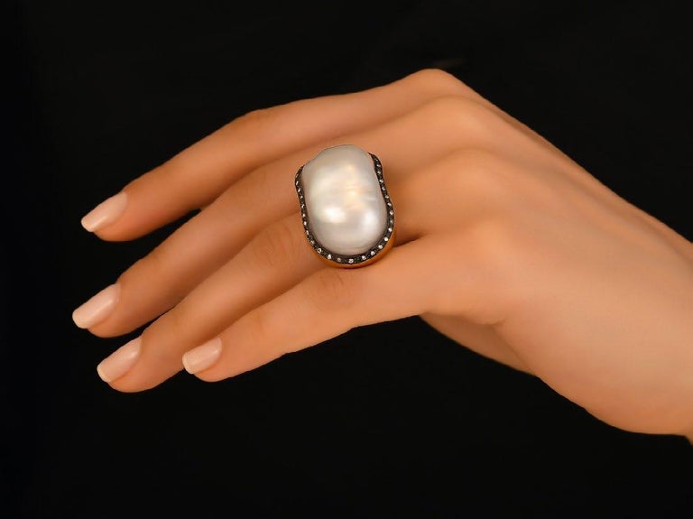 Cocktail Baroque Biwa Ring W/ Diamonds and 24K Gold by Kurtulan For ...