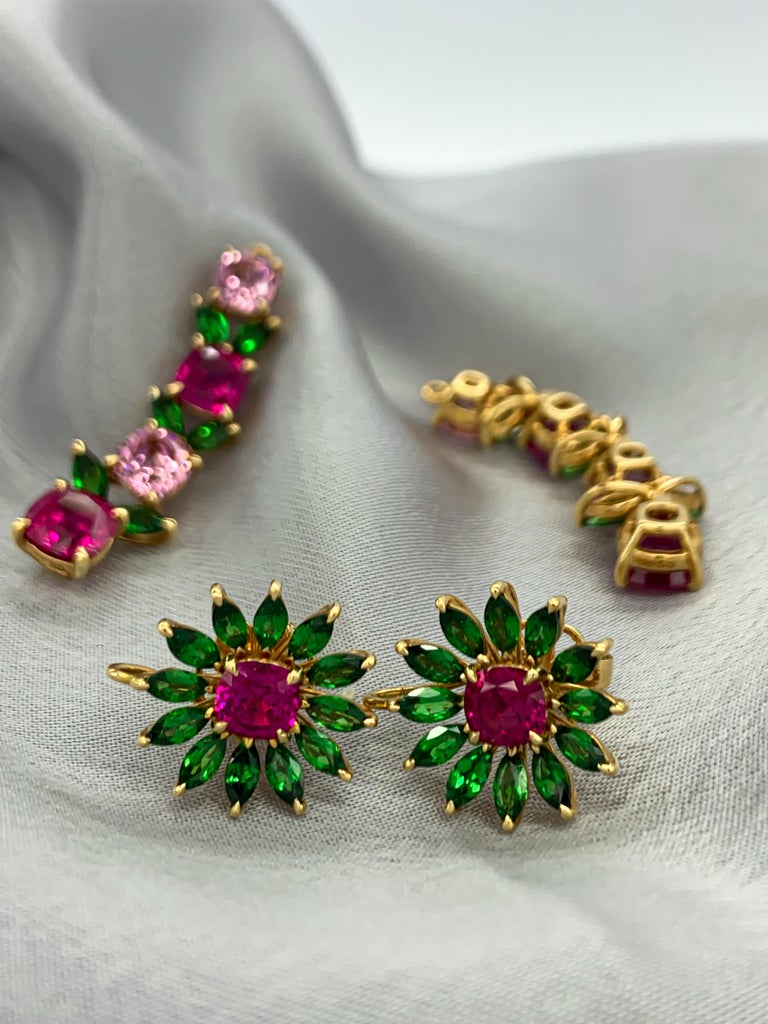 Cocktail Earrings, 18k Yellow Gold Ruby, Spinel, Tsavorite Cocktail ...
