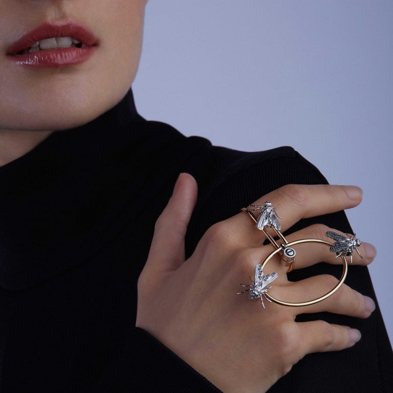 Cocktail Golden Ring for Two Fingers, 18k Yellow and White Gold with ...