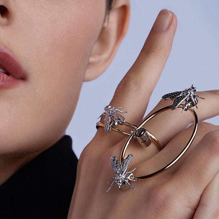 Golden and Diamonds Ring for Two Fingers, 18K Yellow and White Gold For ...