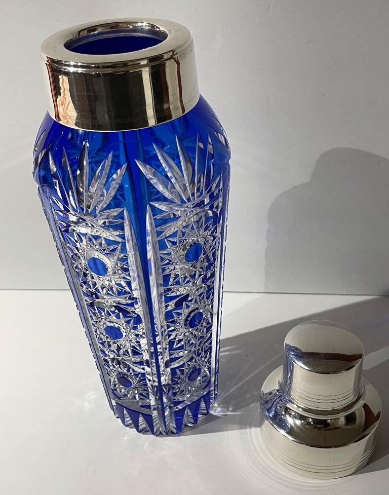 Cocktail Shaker Martini Etched Carved Blue Glass Shaker at 1stDibs