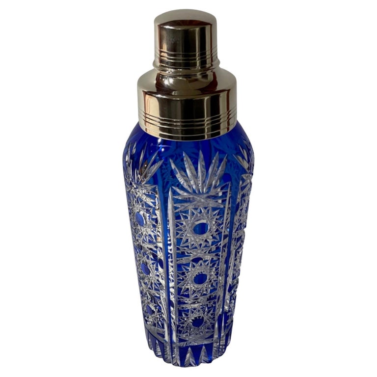 Cocktail Shaker Martini Etched Carved Blue Glass Shaker at 1stDibs