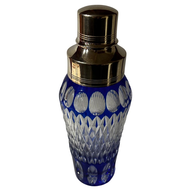 Cocktail Shaker Martini Etched Carved Blue Glass Shaker For Sale at 1stDibs
