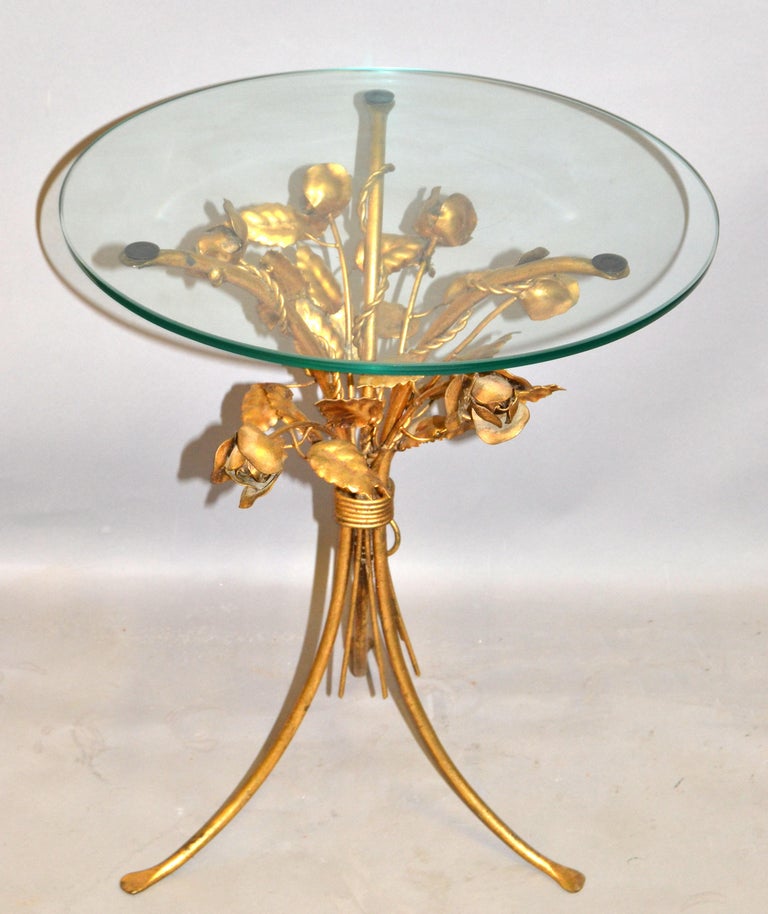 Coco Chanel Style Round Drink Table Gilt Iron Sheaf of Roses Glass Top ...