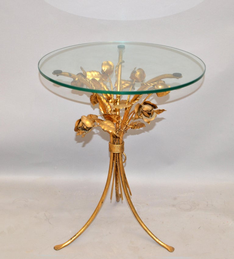 Coco Chanel Style Round Drink Table Gilt Iron Sheaf of Roses Glass Top ...