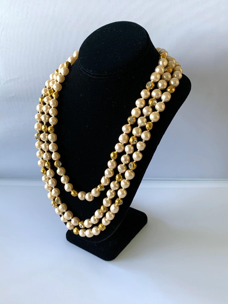 Coco Chanel Vintage Triple Strand Pearl Diamante Statement Necklace For ...