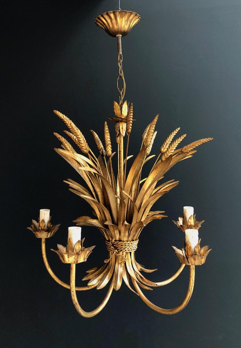 Coco Channel Wheat Gilt Metal Chandelier For Sale at 1stDibs