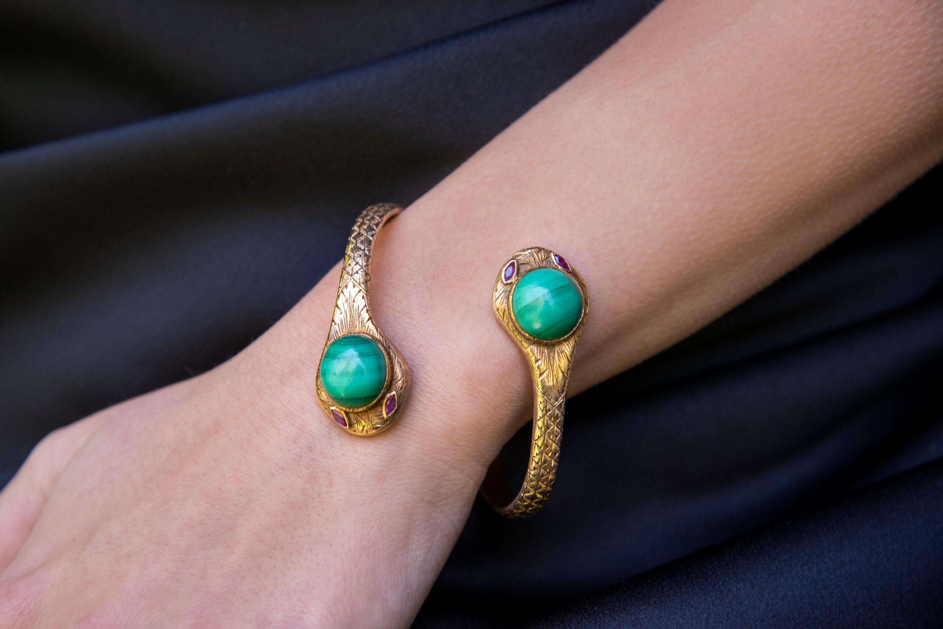 Atillio Codogonato Malachite, Ruby and Gold Snake Bracelet For Sale at ...