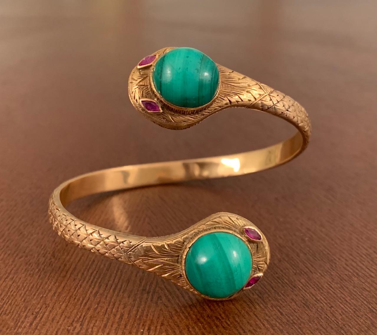 Atillio Codogonato Malachite, Ruby and Gold Snake Bracelet For Sale at ...