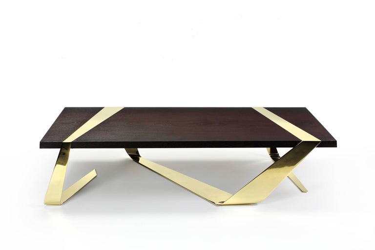 Coffee or Center Table Geometric Shape Solid Wood Mirror Brass Gold ...