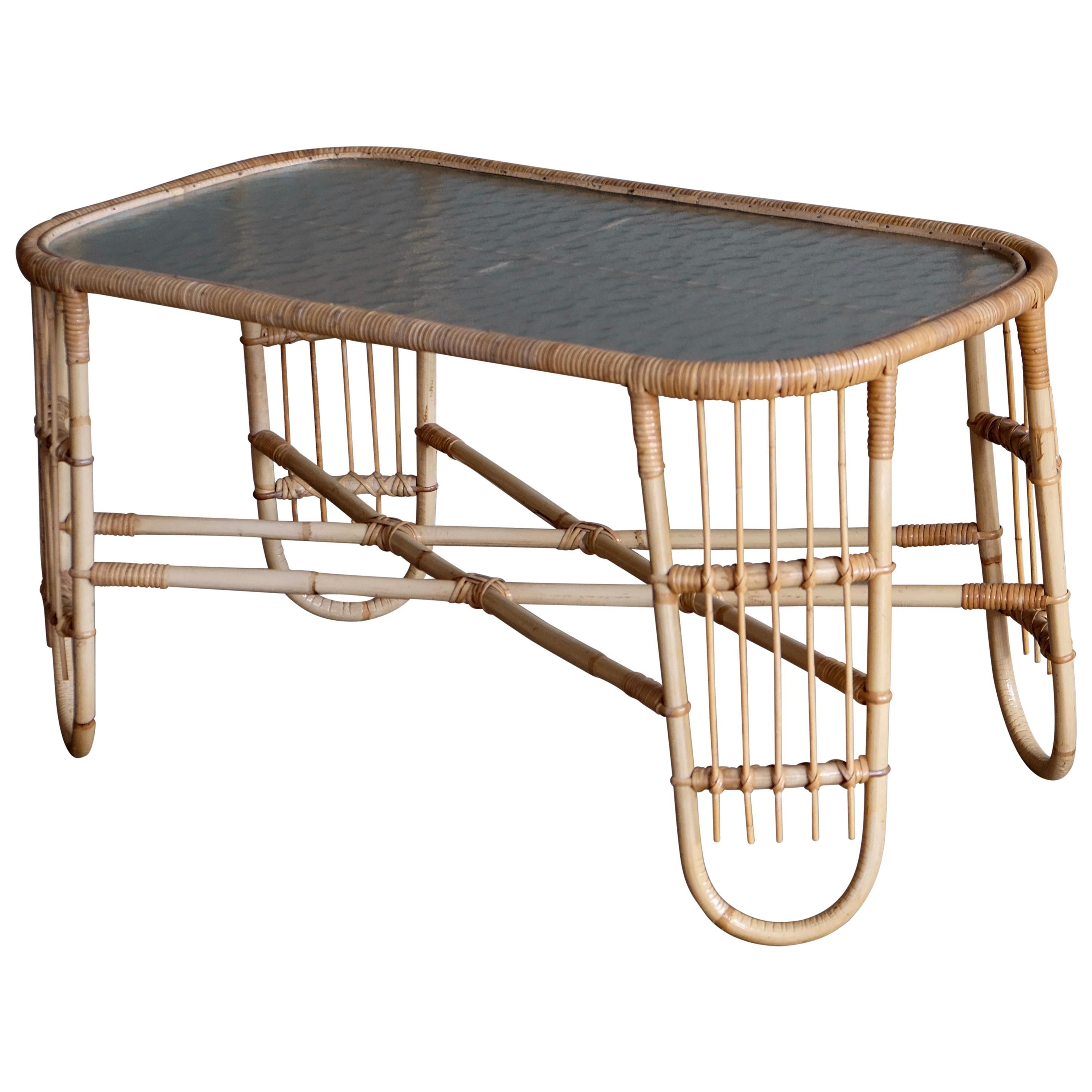 Large Bamboo and Frosted Glass Rectangular Coffee Table by Viggo Boesen ...