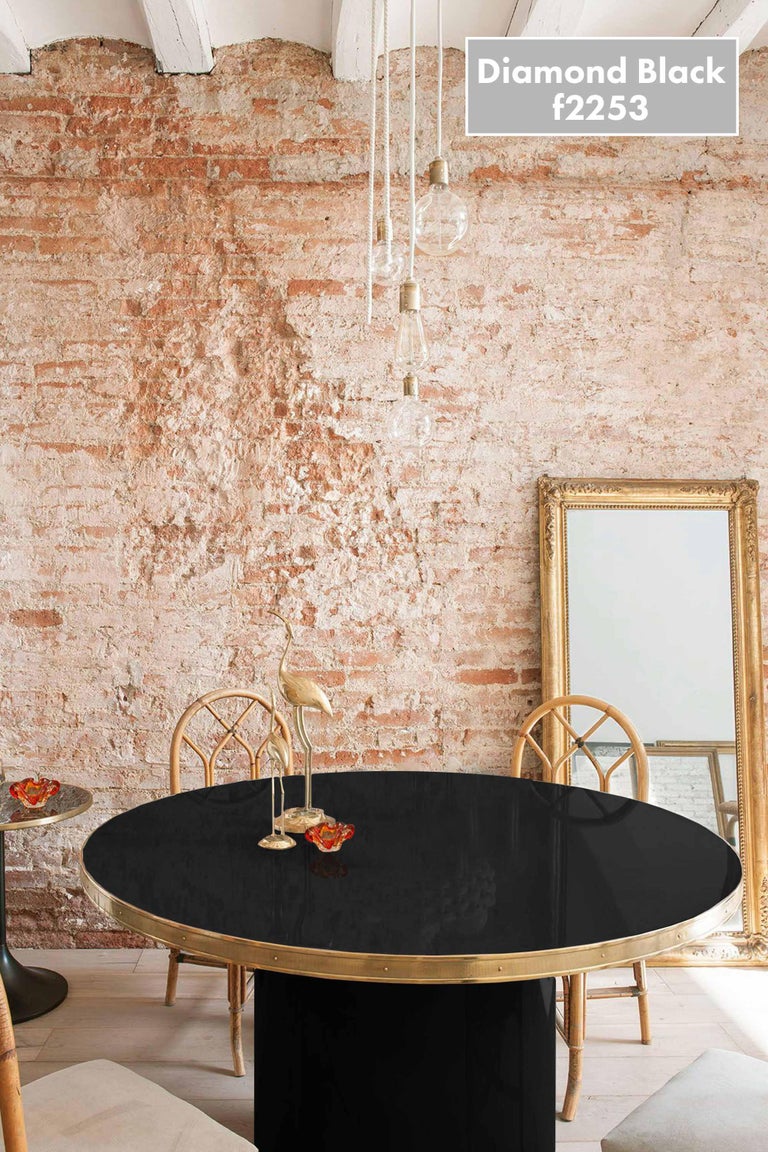 Coffee Table High Gloss Laminated Top Brass Tape Framed Black Pedestal ...