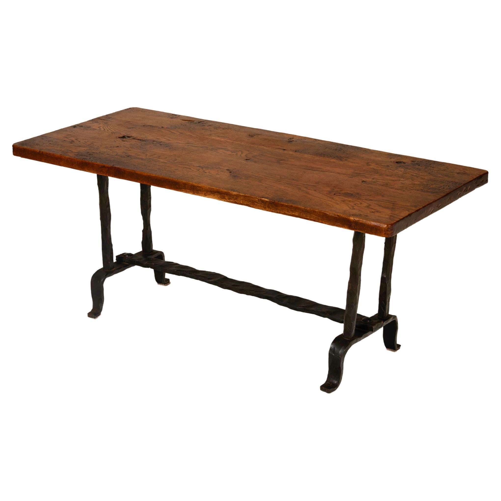 Coffee Table In Oak And Wrought Iron, 1980s For Sale at 1stDibs